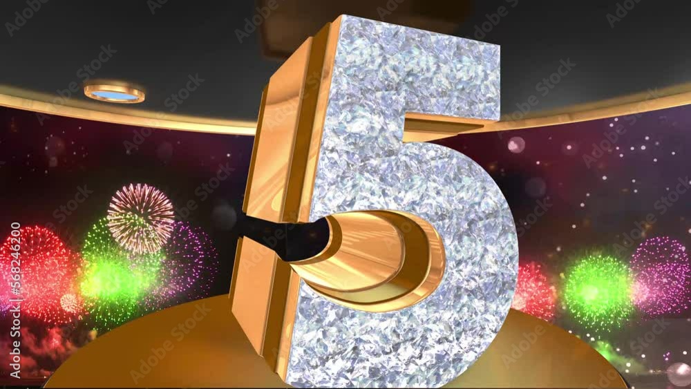 5th anniversary animation in gold and diamonds with fireworks ...