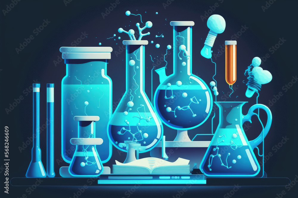 Science lab research and development concept, chemistry lab glassware ...