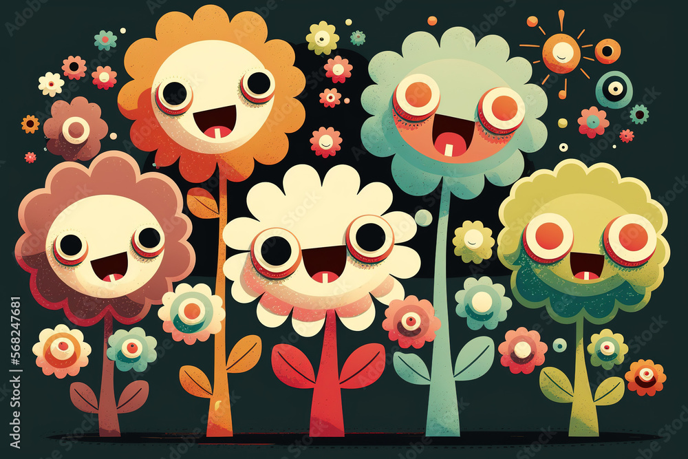 Flower Cartoon Characters, Cute Flower Family Vector, Happy Flower Illustration, Child Art ...
