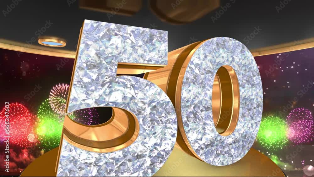50th anniversary animation in gold and diamonds with fireworks ...