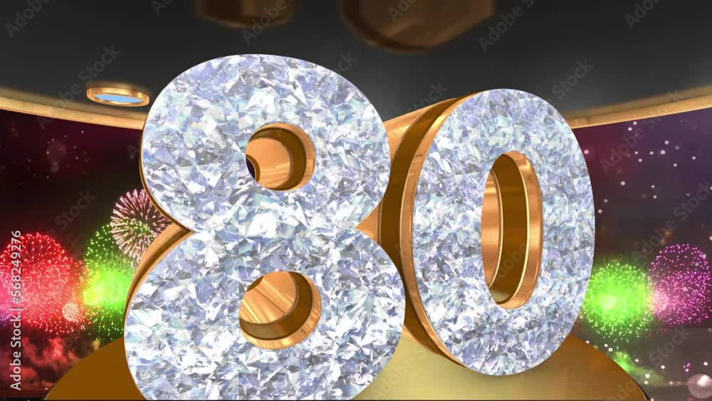 80th anniversary animation in gold and diamonds with fireworks ...