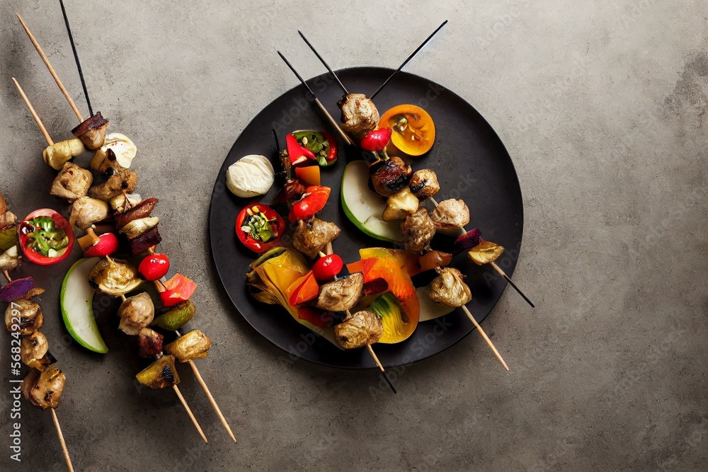 Kebabs - grilled meat skewers, shish kebab with vegetables on a plate. On a concrete old table ...