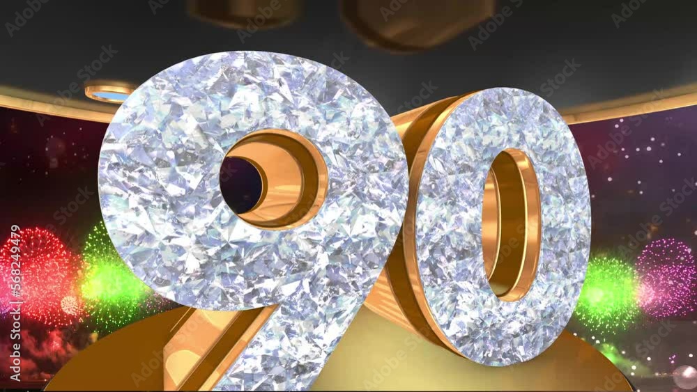 90th anniversary animation in gold and diamonds with fireworks ...