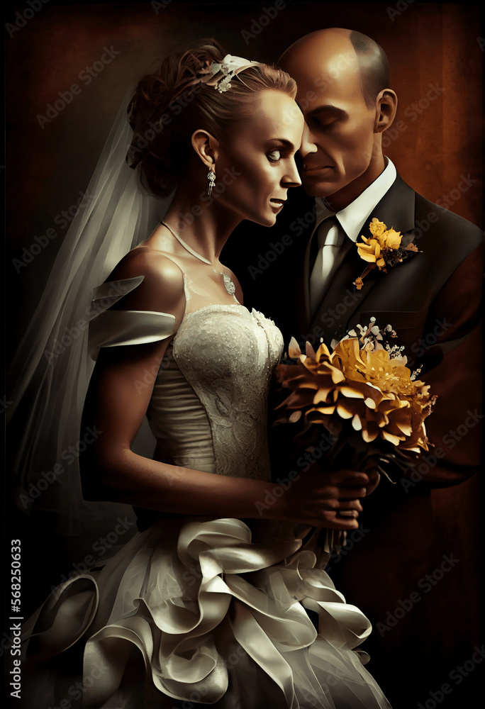Wedding bride and groom posing for a picture or portrait marriage and ...