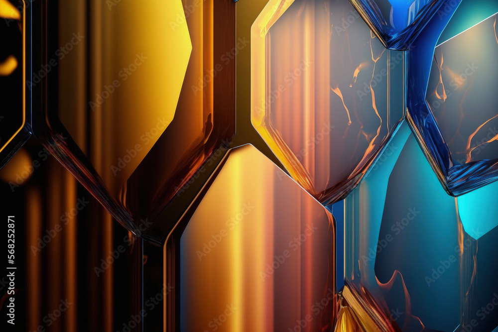 Glassy transparent hexagon forms overlaying one other in an abstract ...