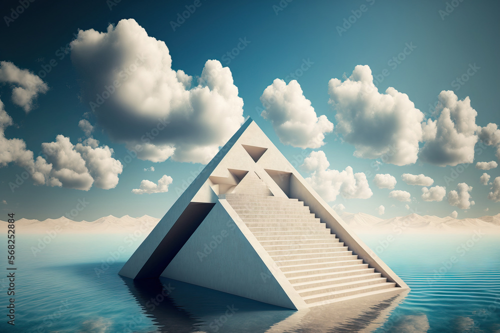 , bizarre seascape Above the red pyramid with stairs is a white cloud ...