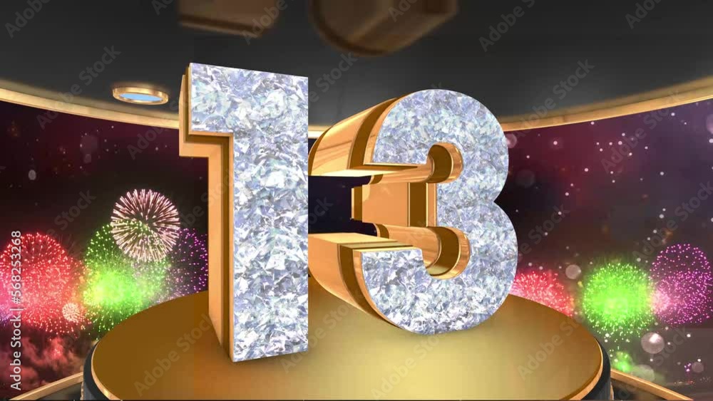 13th birthday animation in gold and diamonds with fireworks background ...