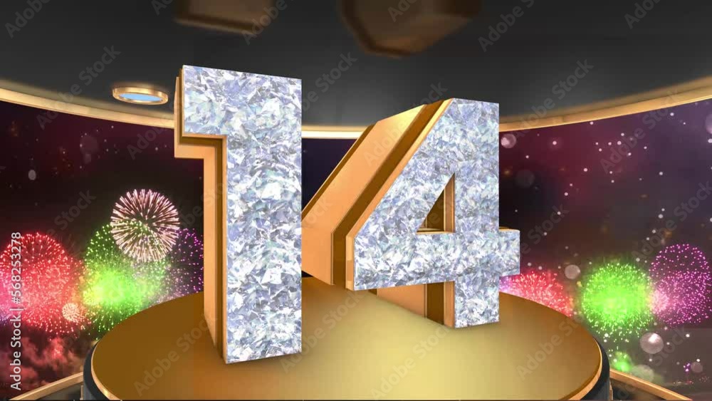 14th birthday animation in gold and diamonds with fireworks background ...