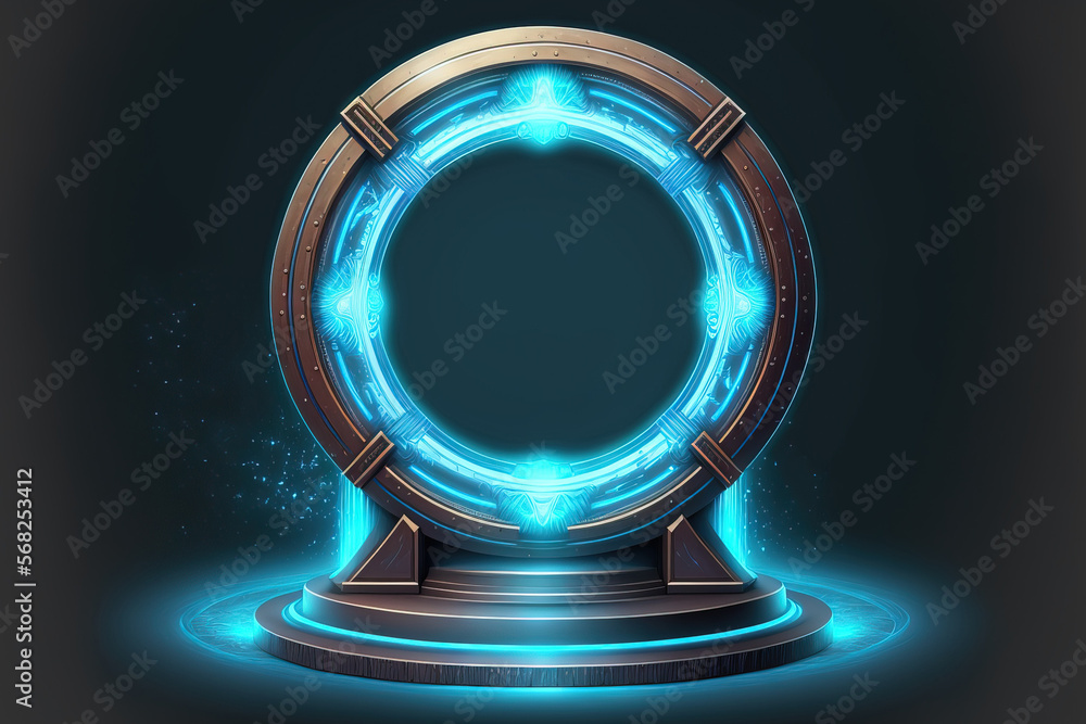 Hologram device, teleport, and circle portal. In a futuristic cyberpunk ...