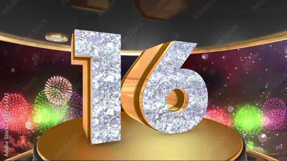 16th birthday animation in gold and diamonds with fireworks background ...