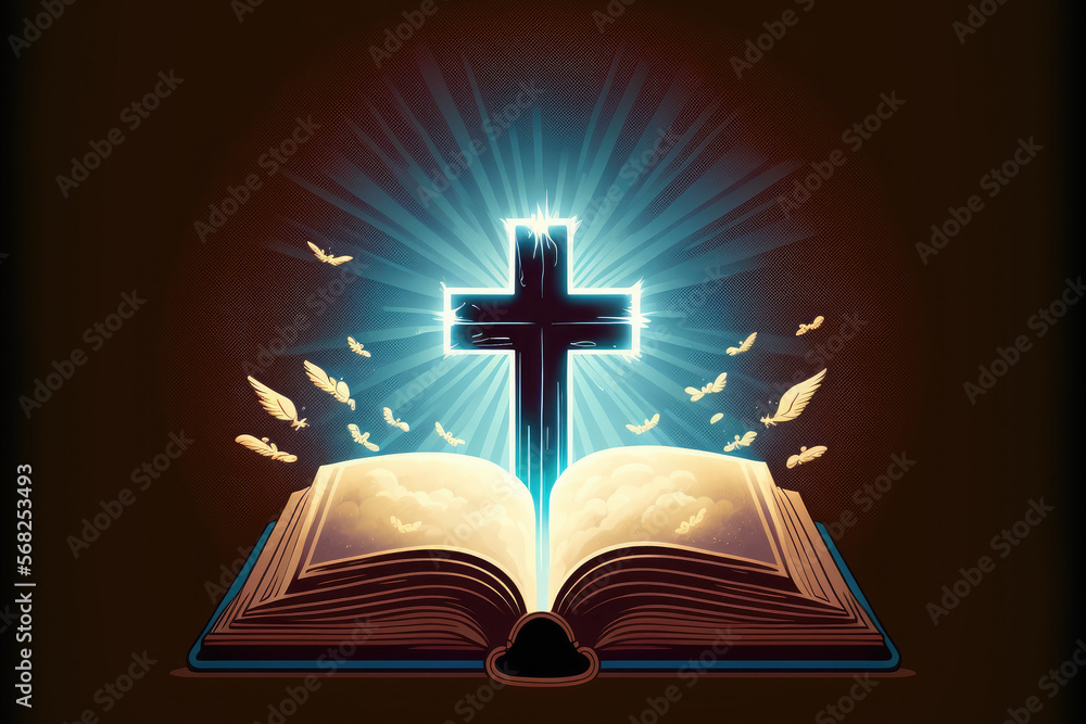 Holy Bible with a Christian cross and a life giving divine light in the ...