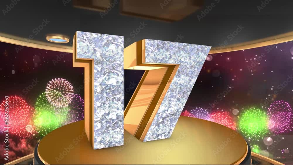 17th birthday animation in gold and diamonds with fireworks background ...