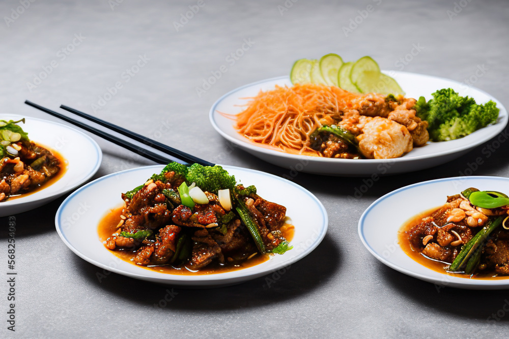 Assorted Chinese food set. Chinese noodles, fried rice, dumplings ...