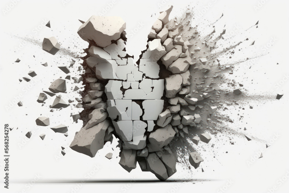 A horizontal disintegration of a broken down concrete wall against a ...