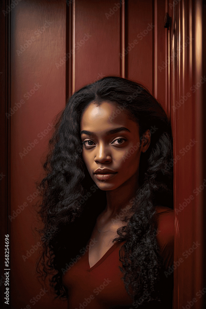 Beautiful young dark skinned woman, indoor portrait, looking out an ...