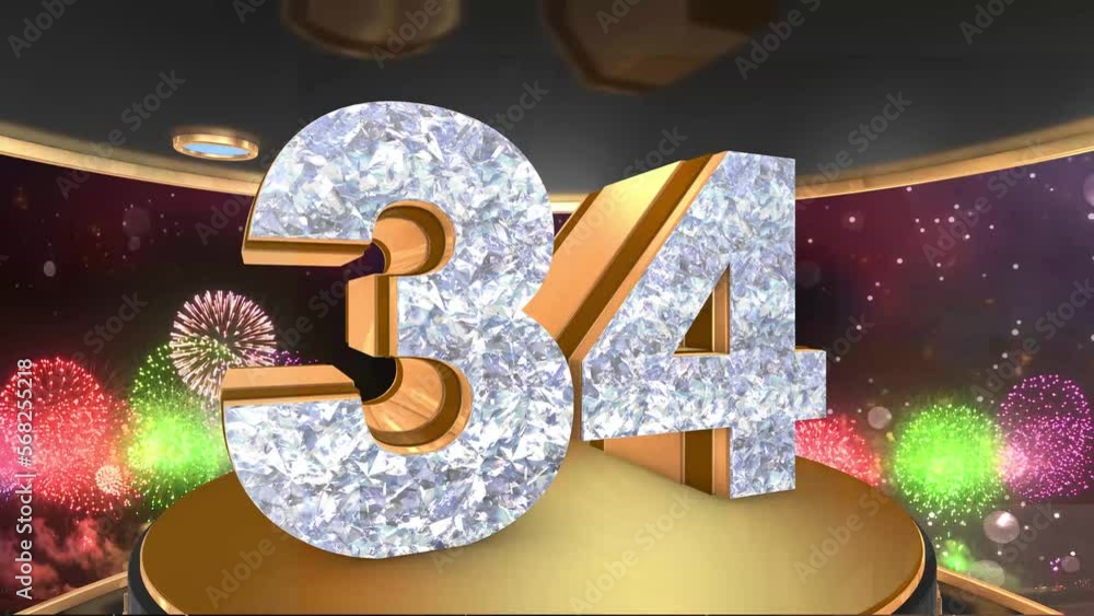 34th birthday animation in gold and diamonds with fireworks background ...