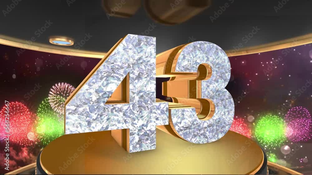 43rd birthday animation in gold and diamonds with fireworks background ...