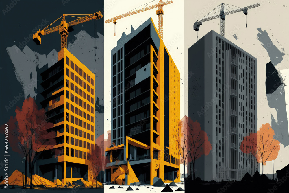 Residence emergency construction phases. Crane and unfinished real ...