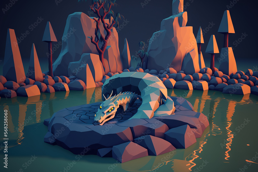 Large medieval snake lying on the lake with jagged rocks in a blue ...