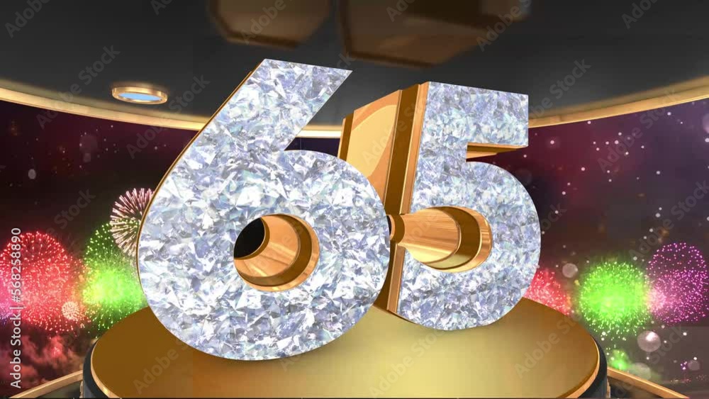 65th birthday animation in gold and diamonds with fireworks background ...