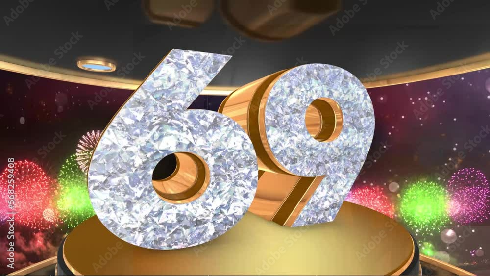 69th birthday animation in gold and diamonds with fireworks background ...