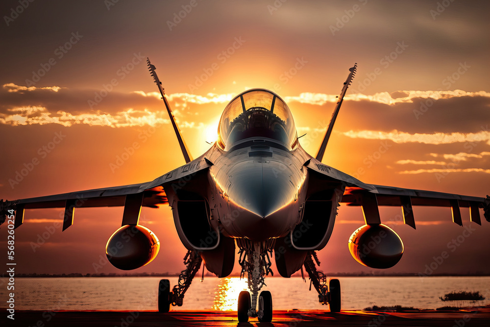 a frontal picture of an F A 18 Hornet fighter jet in the setting sun ...