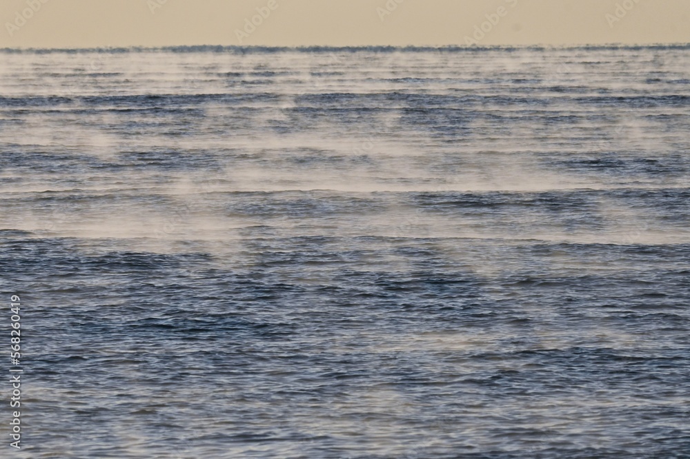 Spectacle of steam fog. Fog that forms on the surface of the sea on a ...