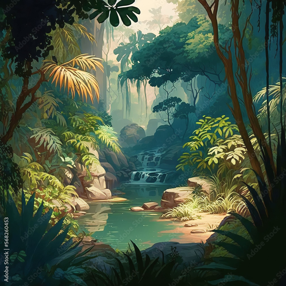 Beautiful Jungle background, illustration, painting. Generative AI ...