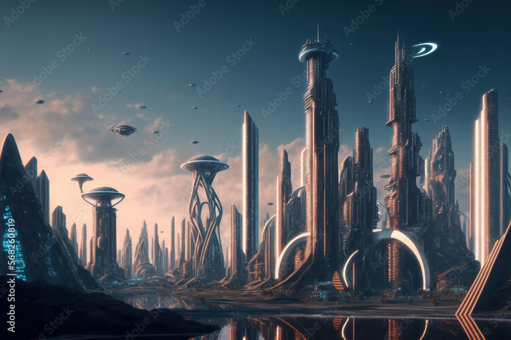 Skyline of futuristic city with fictional architecture in panoramic ...