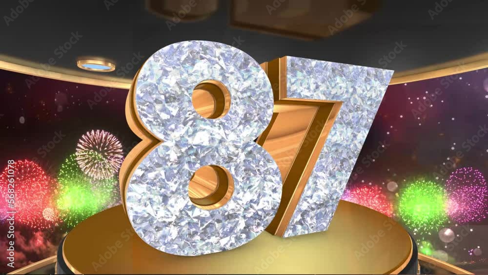 87th birthday animation in gold and diamonds with fireworks background ...