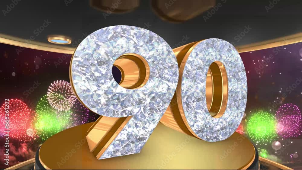 90th birthday animation in gold and diamonds with fireworks background, Animated 90 years ...