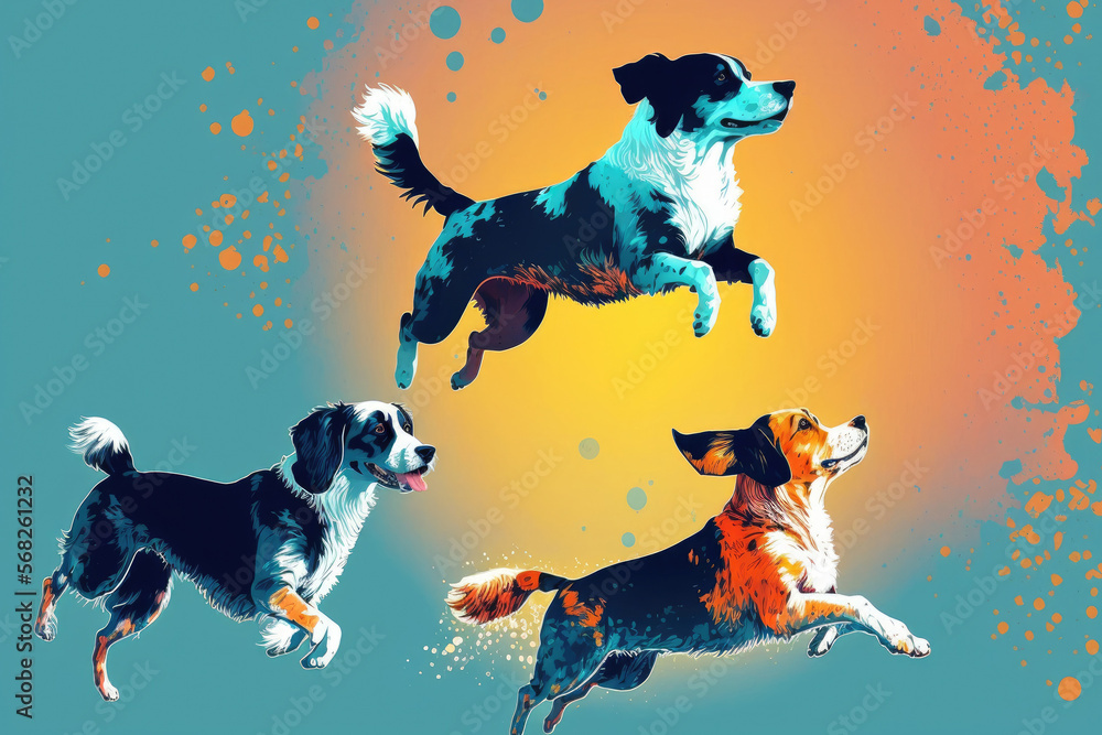 Jumping, playing, and soaring young dogs. Cute dogs or other pets are ...