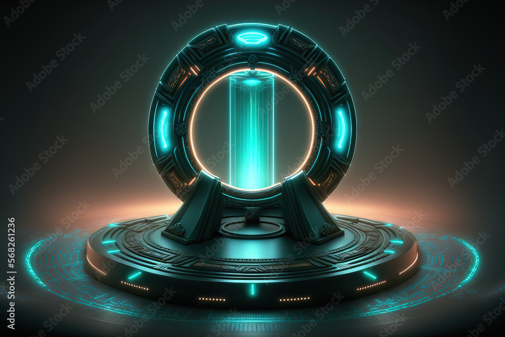 teleport podium in a circle. Hologram and portal technology futuristic ...
