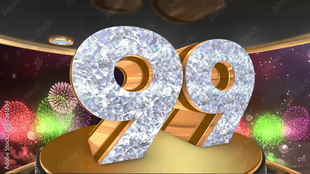 99th birthday animation in gold and diamonds with fireworks background ...