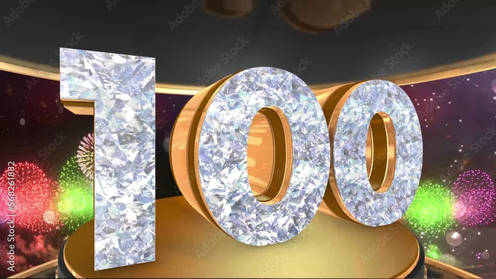 100th birthday animation in gold and diamonds with fireworks background ...