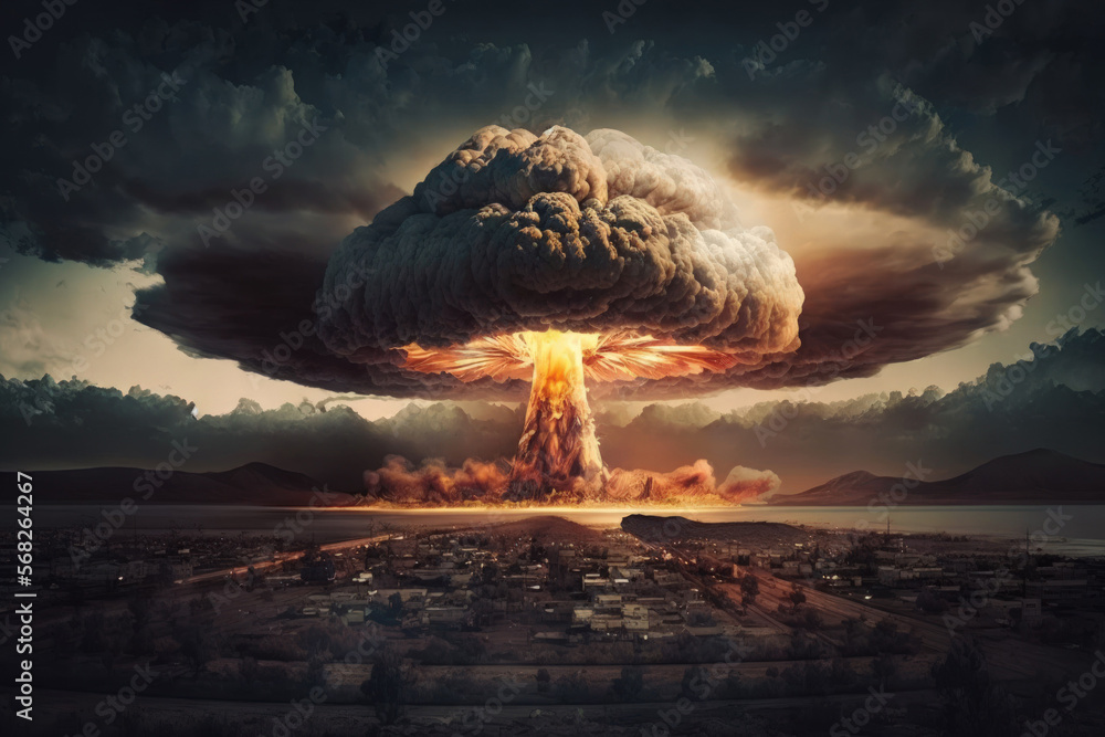 A nuclear fire mushroom cloud is created by an explosion on a town's ...