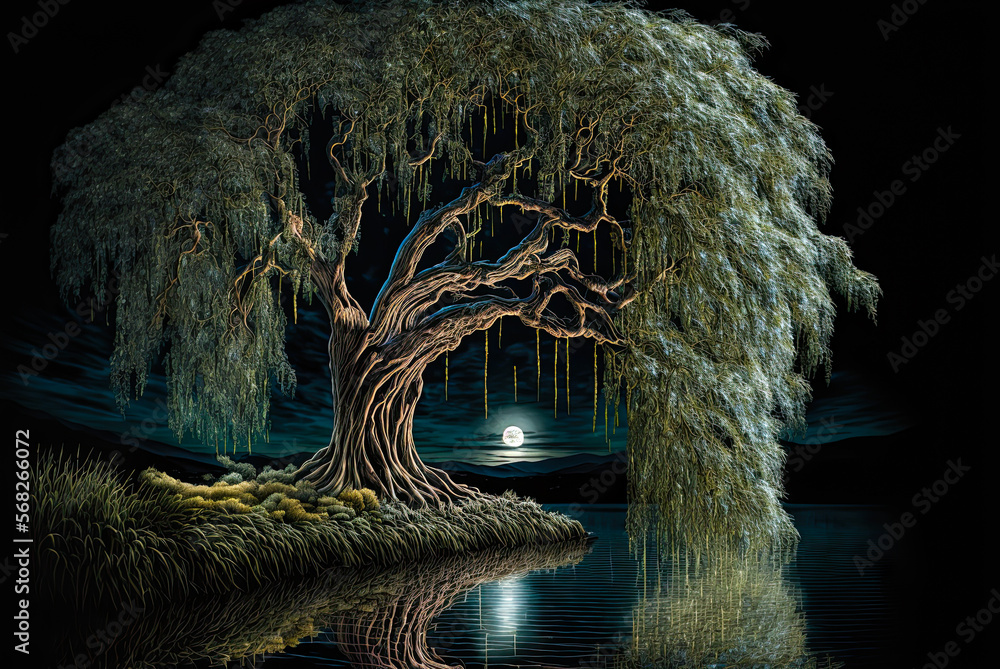 Irish landscape, weeping willow tree overhanging river, night, moon ...