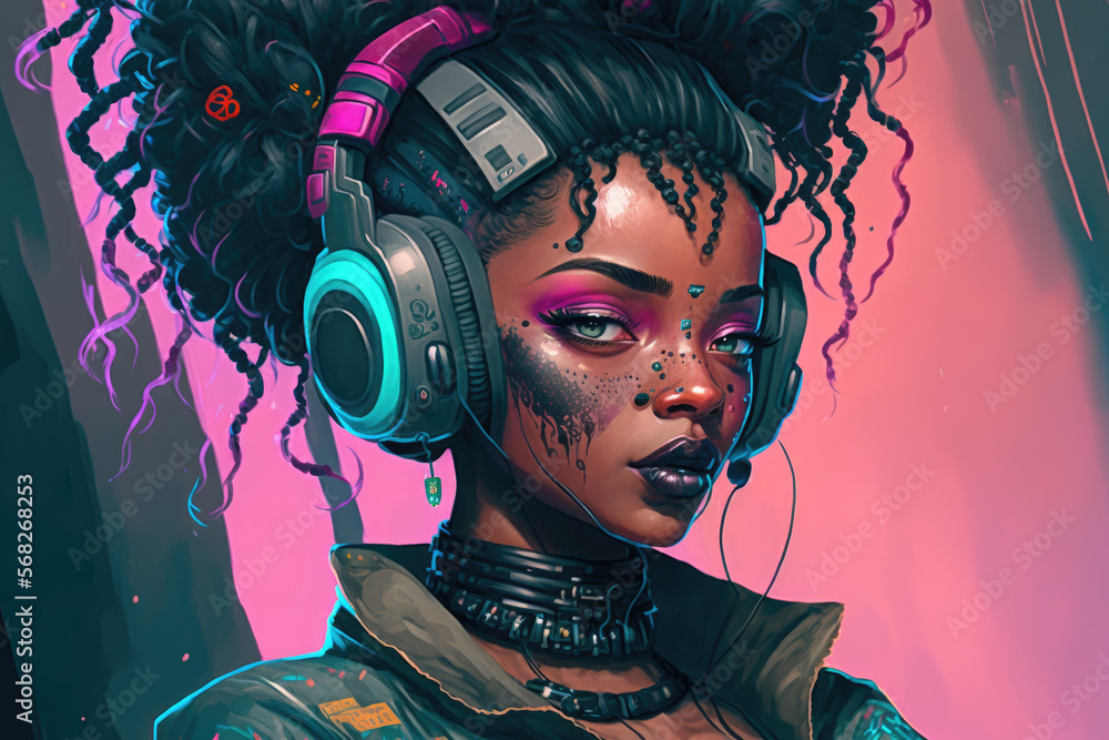 A realistic image of an ebony female decked up in cyberpunk attire ...