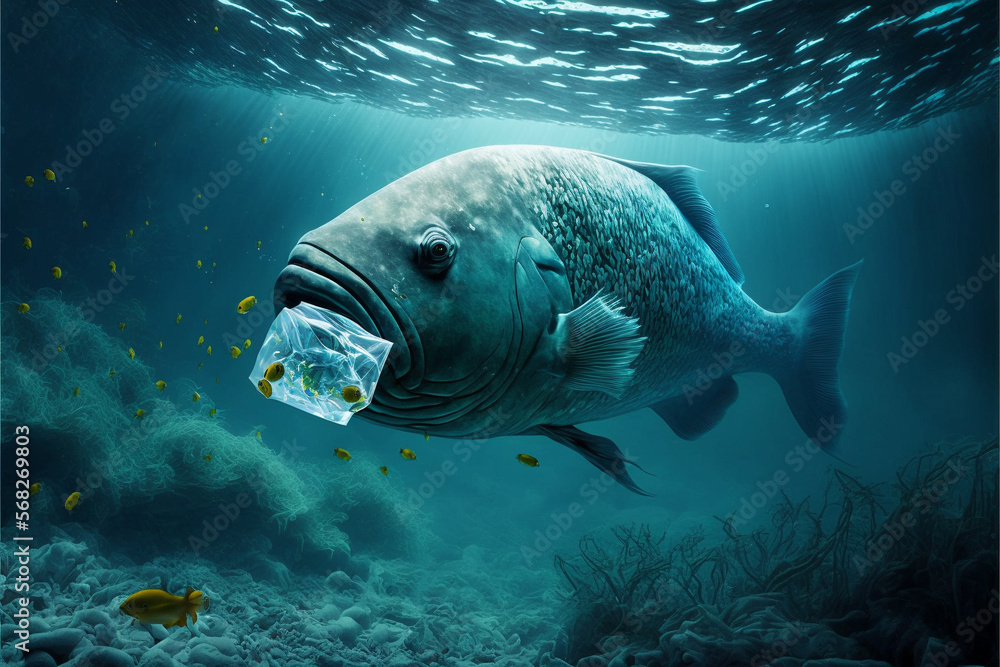 sea pollution with fish eating plastic, AI generate Stock Illustration ...