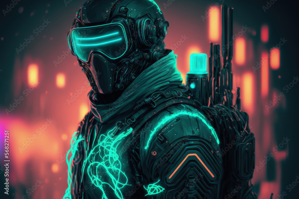A realistic illustration of a futuristic, neon, cyberpunk man wearing a ...