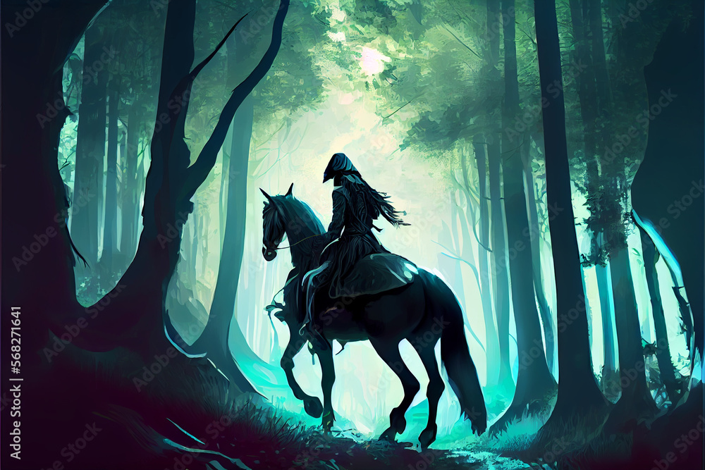 Female assassin riding horse in peaceful forest. Digital art style ...