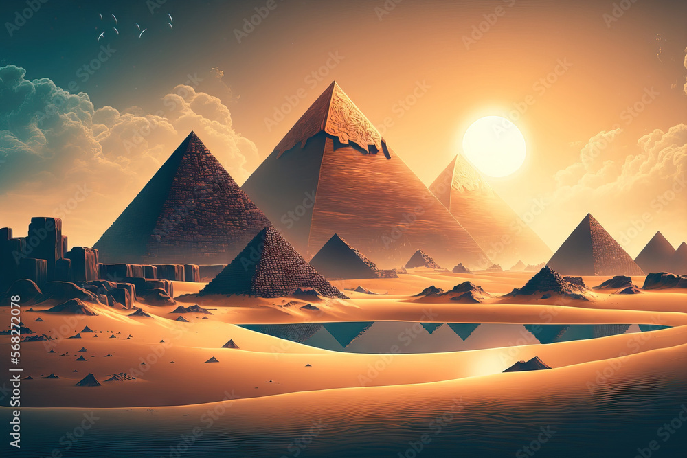 Egyptian stone pyramids are being illuminated by the sun. concept art ...