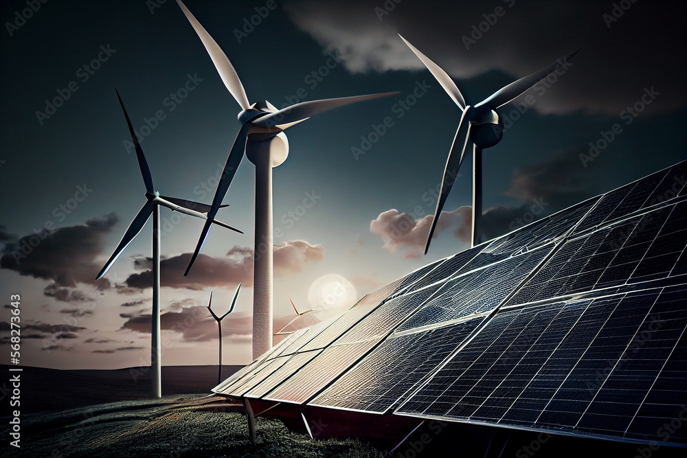 Renewable energy background with green energy as wind turbines and ...