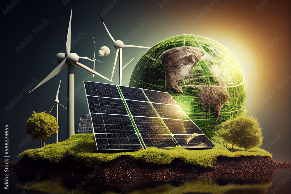 Renewable energy background with green energy as wind turbines and ...