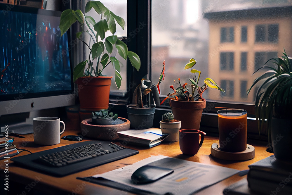 Desktop and View from a plant-cluttered desk out a window into a rainy ...