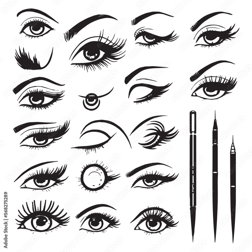 Eye liner vector. Beautiful Woman eyes makeup vector. Set of different ...