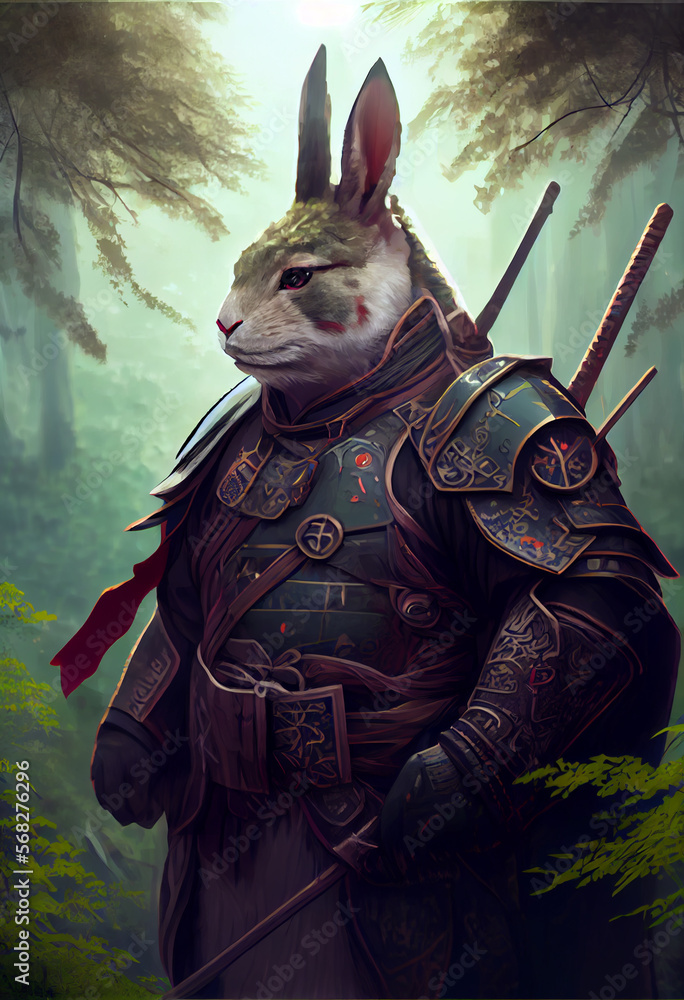 Samurai bunny warrior standing with forest background. Digital art ...