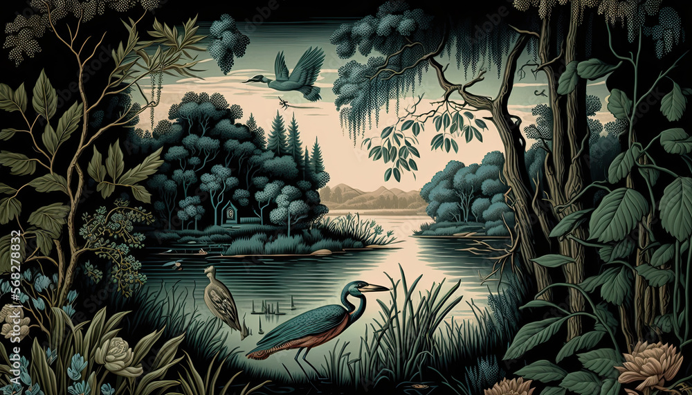 Vintage wallpaper of forest landscape with lake, plants, trees, birds ...