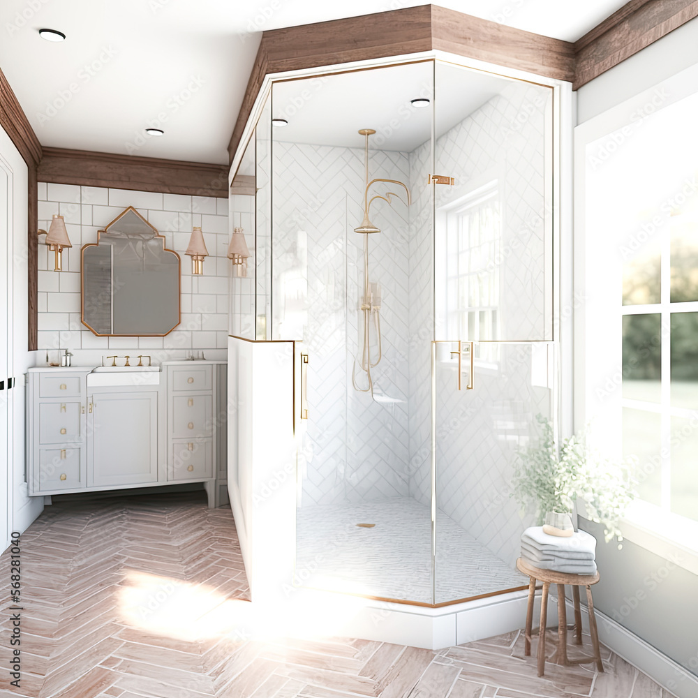 a 6ft x 6ft luxury boho farmhouse shower and with clear glass walls AI ...