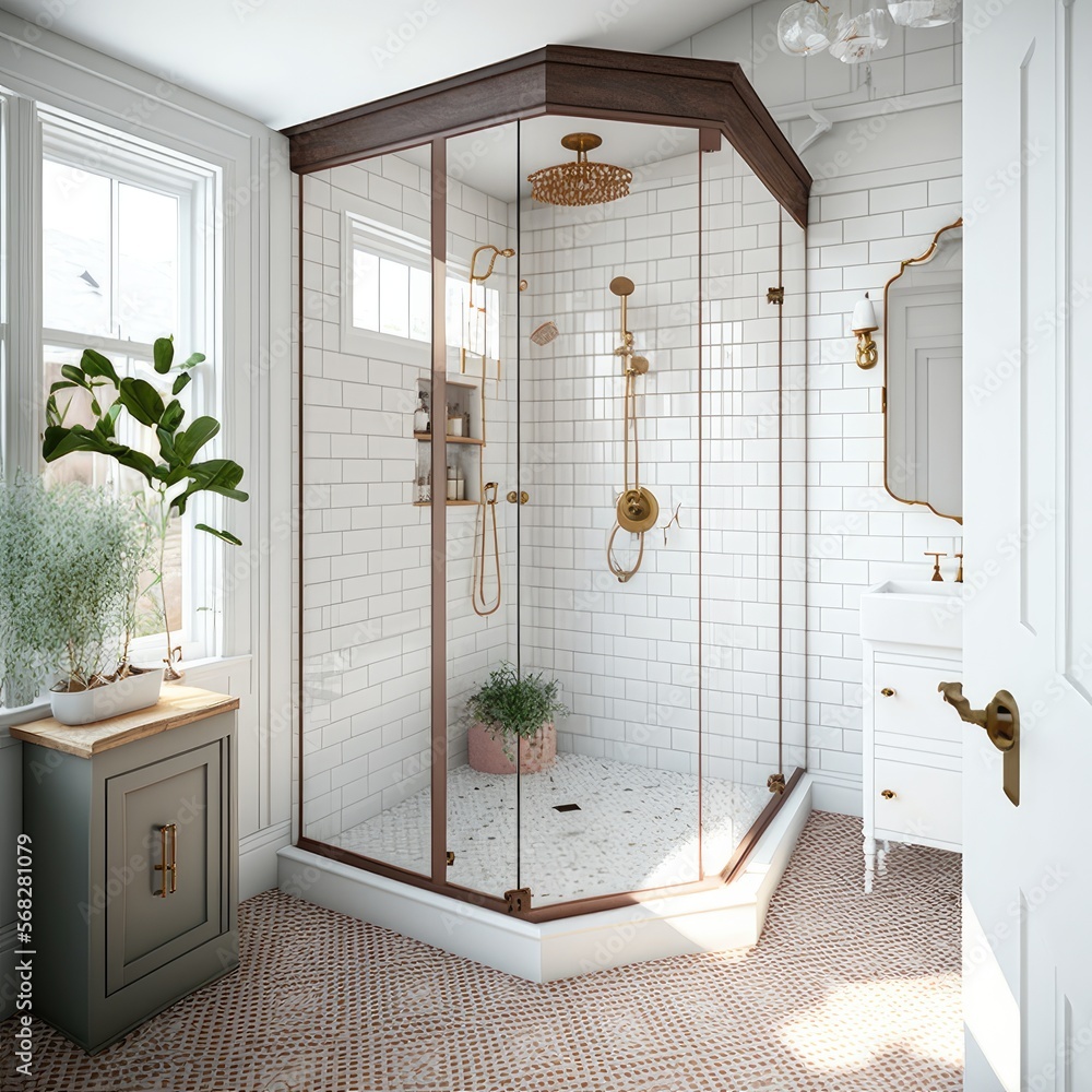 a 6ft x 6ft luxury boho farmhouse shower and with clear glass walls AI ...